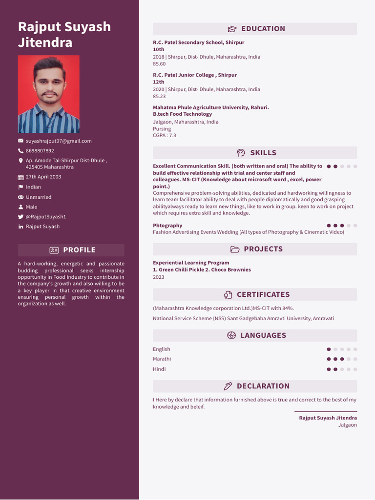 Rajput Suyash Jitendra CV | PDF | Learning | Cognition