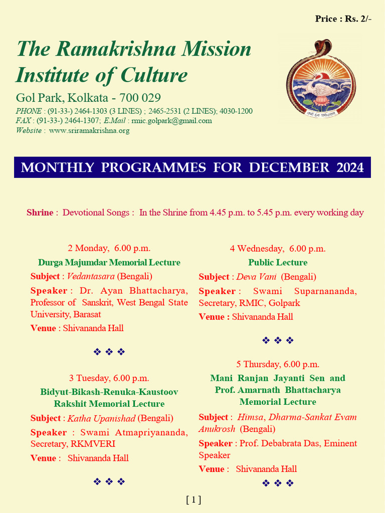 RMIC Calendar December 2024 | PDF | Swami Vivekananda