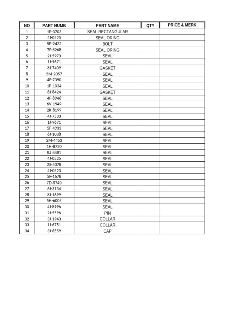 Seal and Part Inventory List | PDF