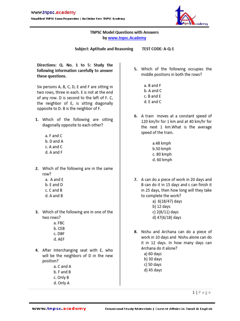 WWW - TNPSC - .Academy TNPSC Aptitude and Reasoning Model Question 1 | PDF