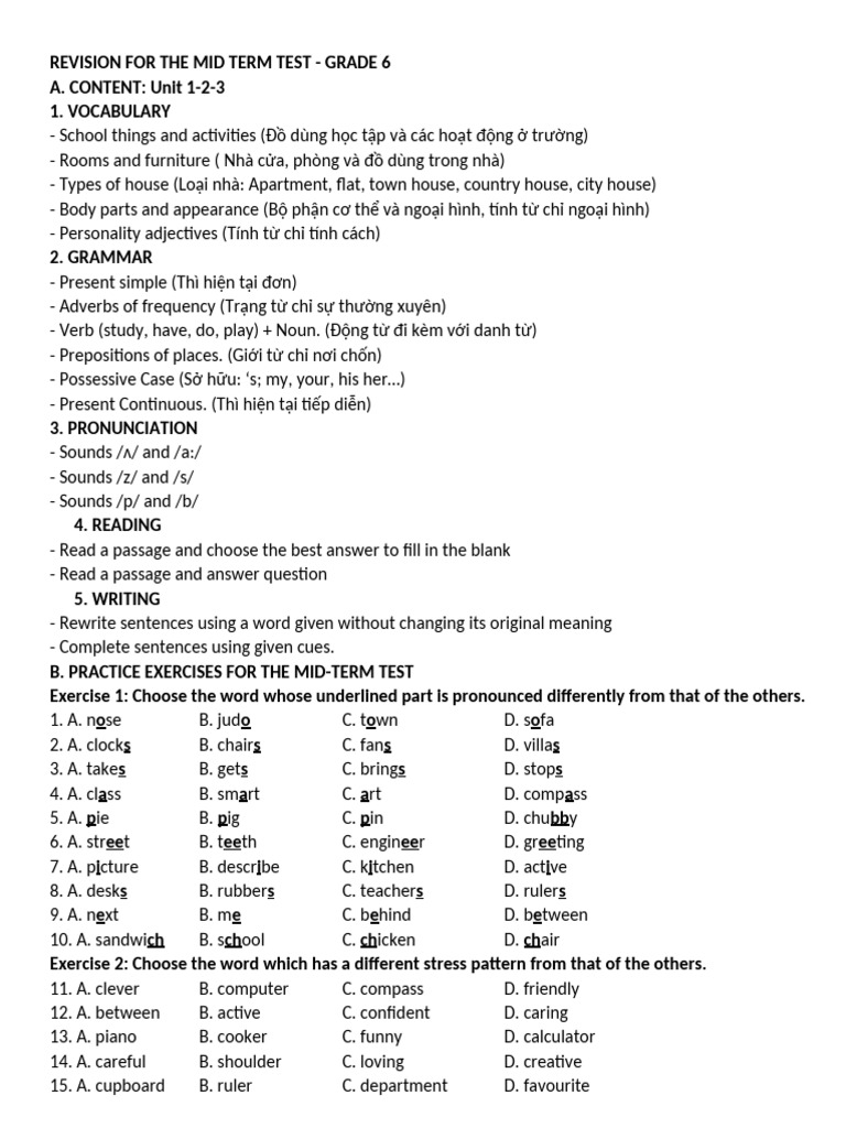 Grade 6 Mid-Term Test Revision Guide | PDF | Adverb | Linguistics