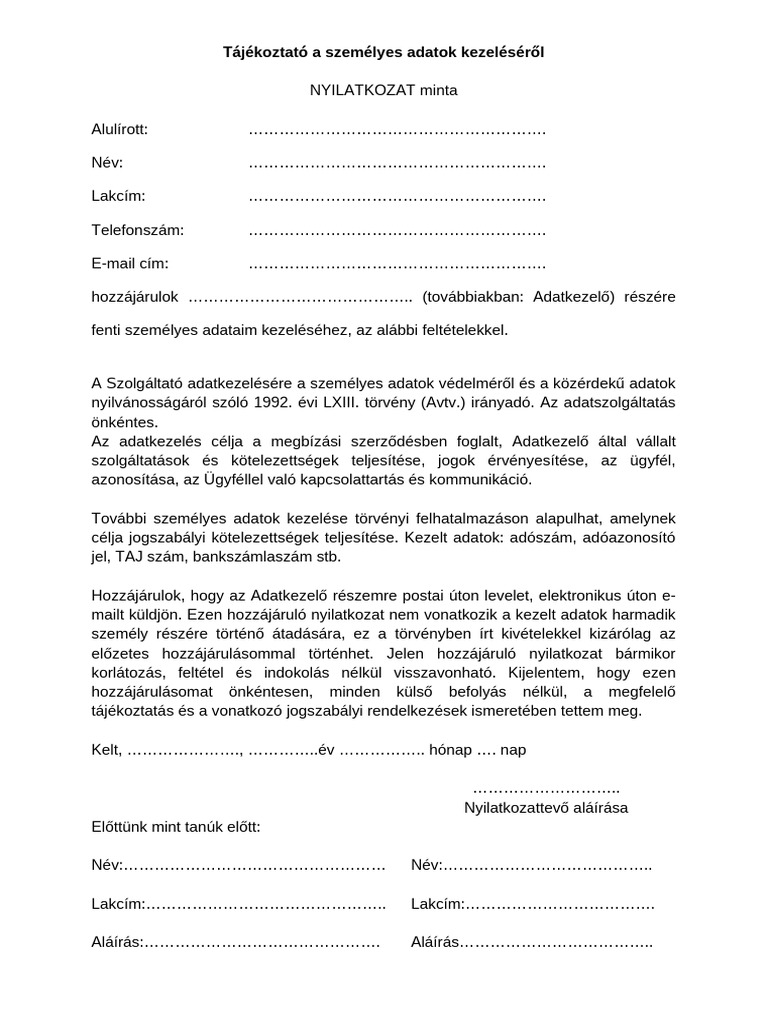 Adatkezelési Hozzájáruló Nyilatkozat Minta | PDF