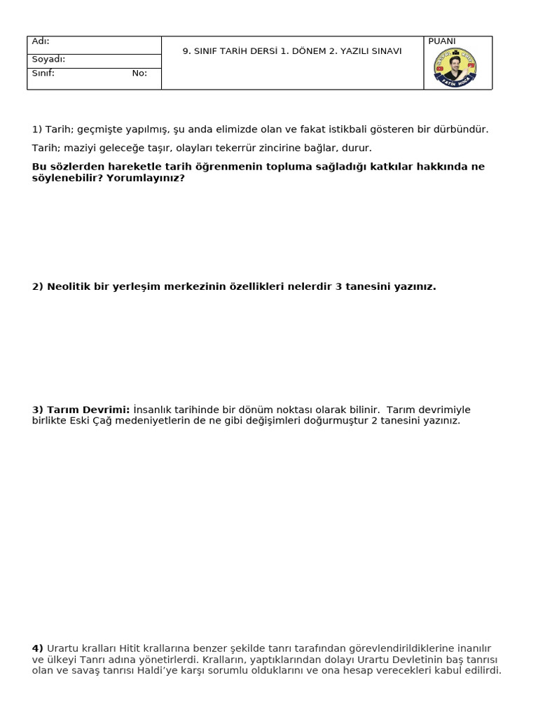 Sinif Tarih 1. Donem 2. Yazili 2025 | PDF