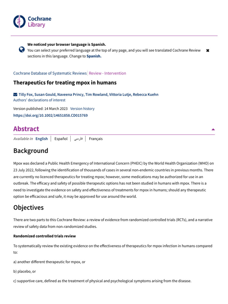 Therapeutics For Treating Mpox in Humans - Fox, T - 2023 - Cochrane ...