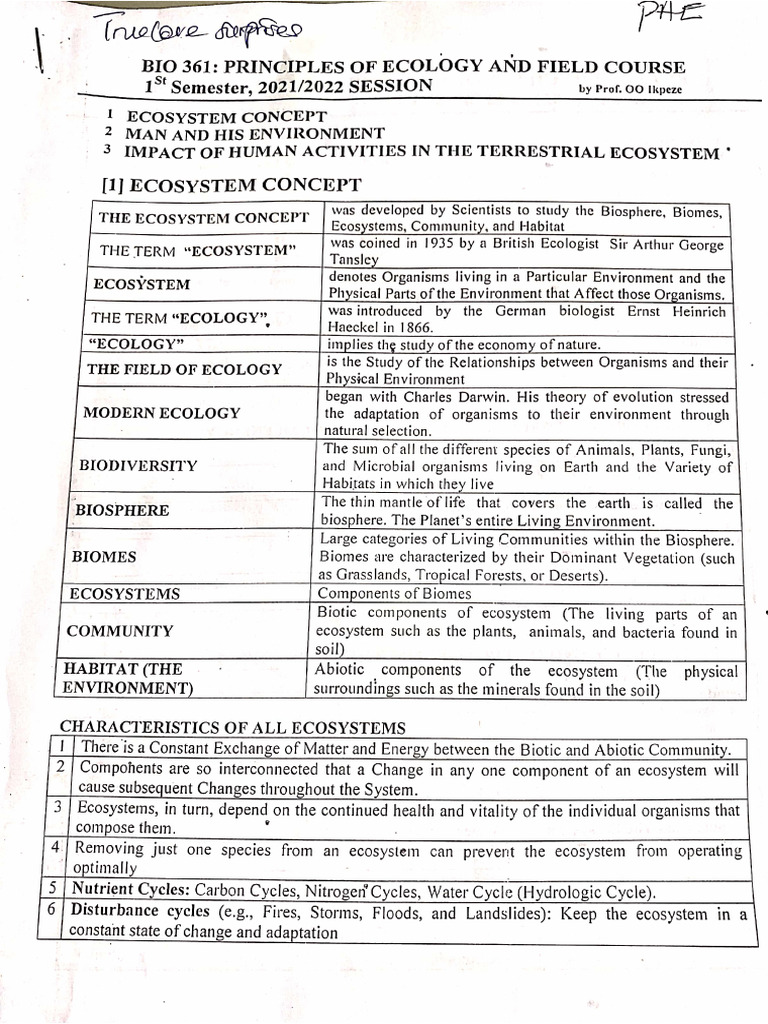 Bio 361 - Principles of Ecology & Field Course | PDF