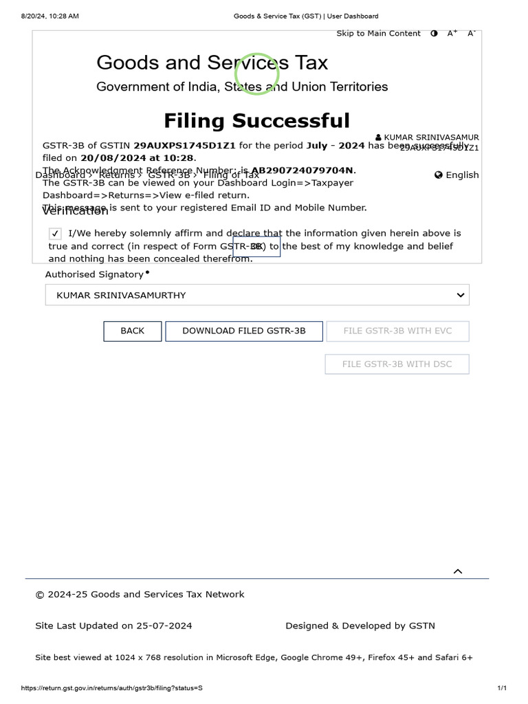 SLN - GSTR 3B - ARN - Jul'24 | PDF