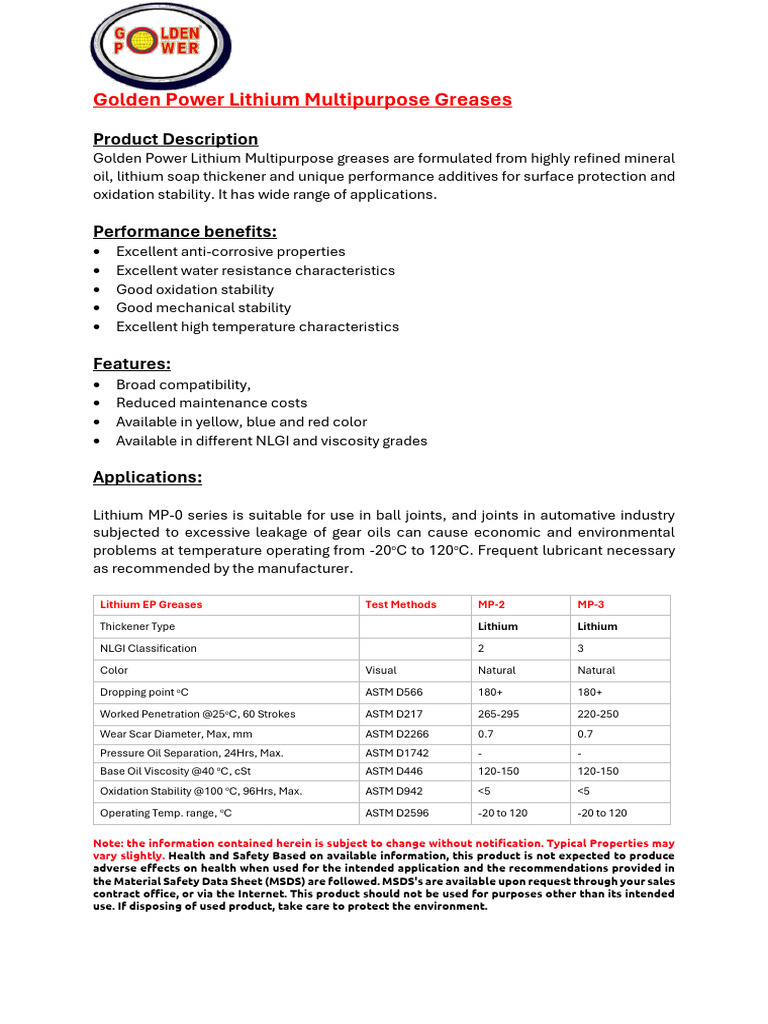 Golden Power Lithium Multipurpose Greases | PDF | Chemical Substances | Oils