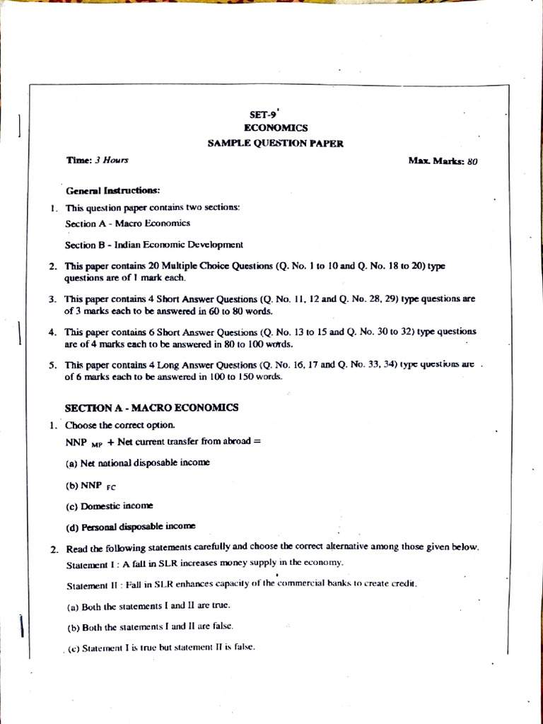 Economics Sample Question Paper Set 9 | PDF | Currency Appreciation And ...