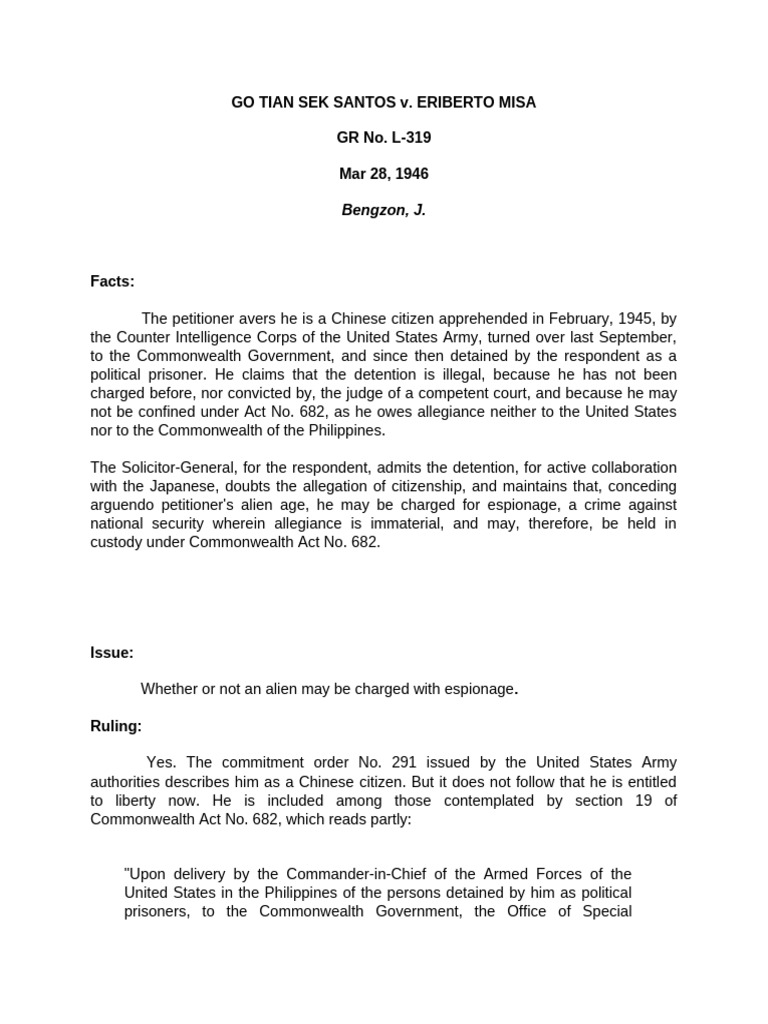 Espionage Charges Against Eriberto Misa | PDF | Citizenship | Crime ...