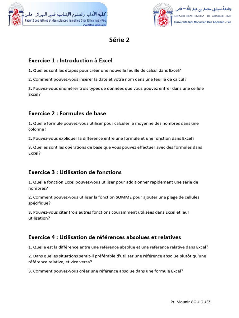 Série 2 - Excel | PDF | Microsoft Excel | Feuille de calcul
