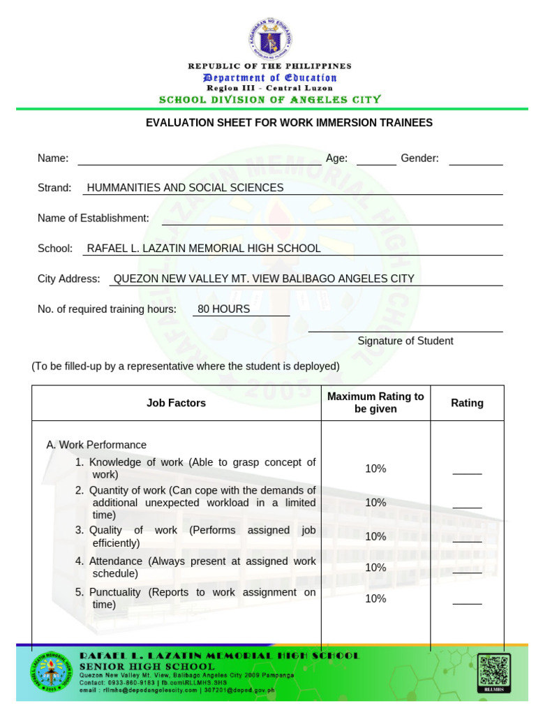 Work Immersion Trainee Evaluation Sheet | PDF | Cognition | Psychology
