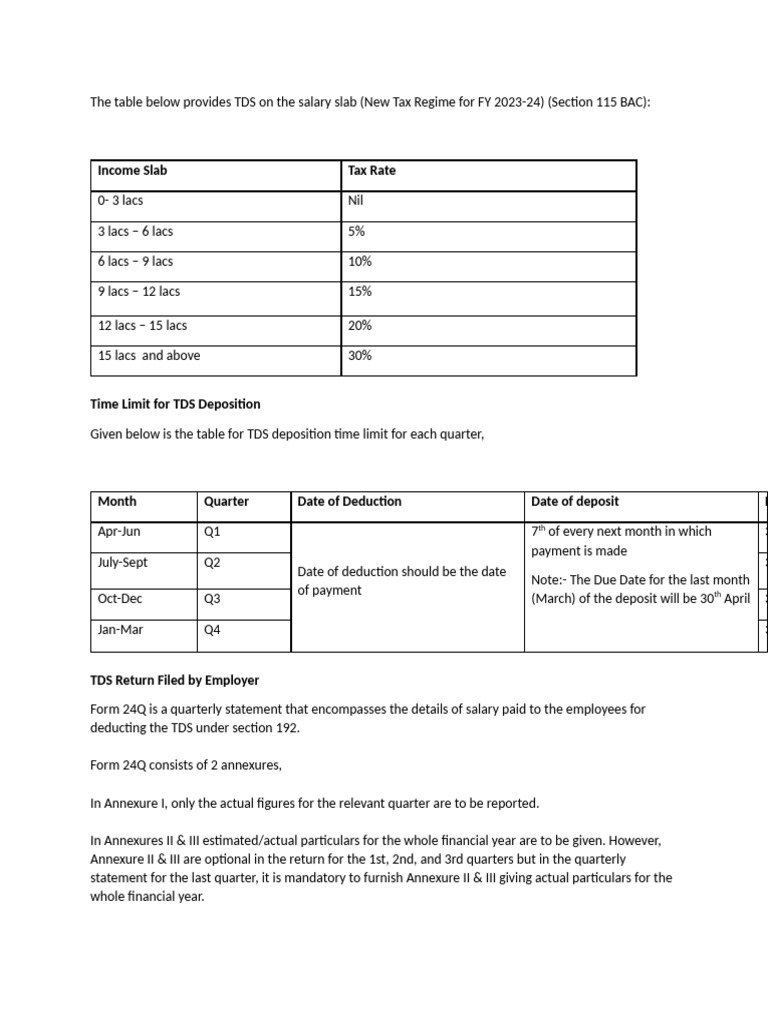 The Table Below Provides TDS On The Salary Slab | PDF | Salary | Taxes