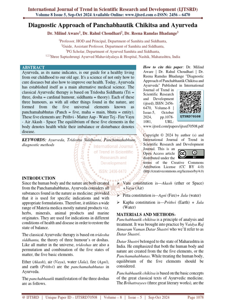 Diagnostic Approach of Panchabhautik Chikitsa and Ayurveda | PDF | Ayurveda