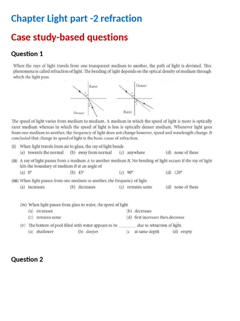 Case Study Class 10 Science Light Refraction | PDF