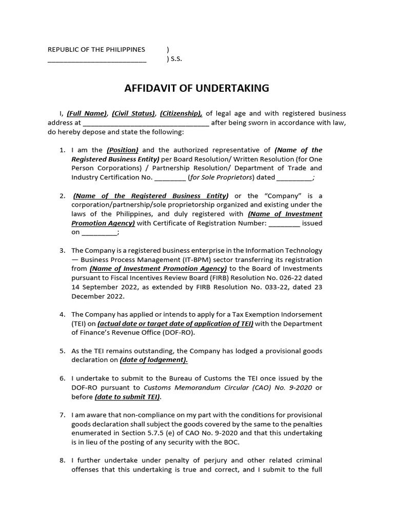 Attachment 15 (Undertaking While TEI Is Outstanding) | PDF | Affidavit | Sole Proprietorship
