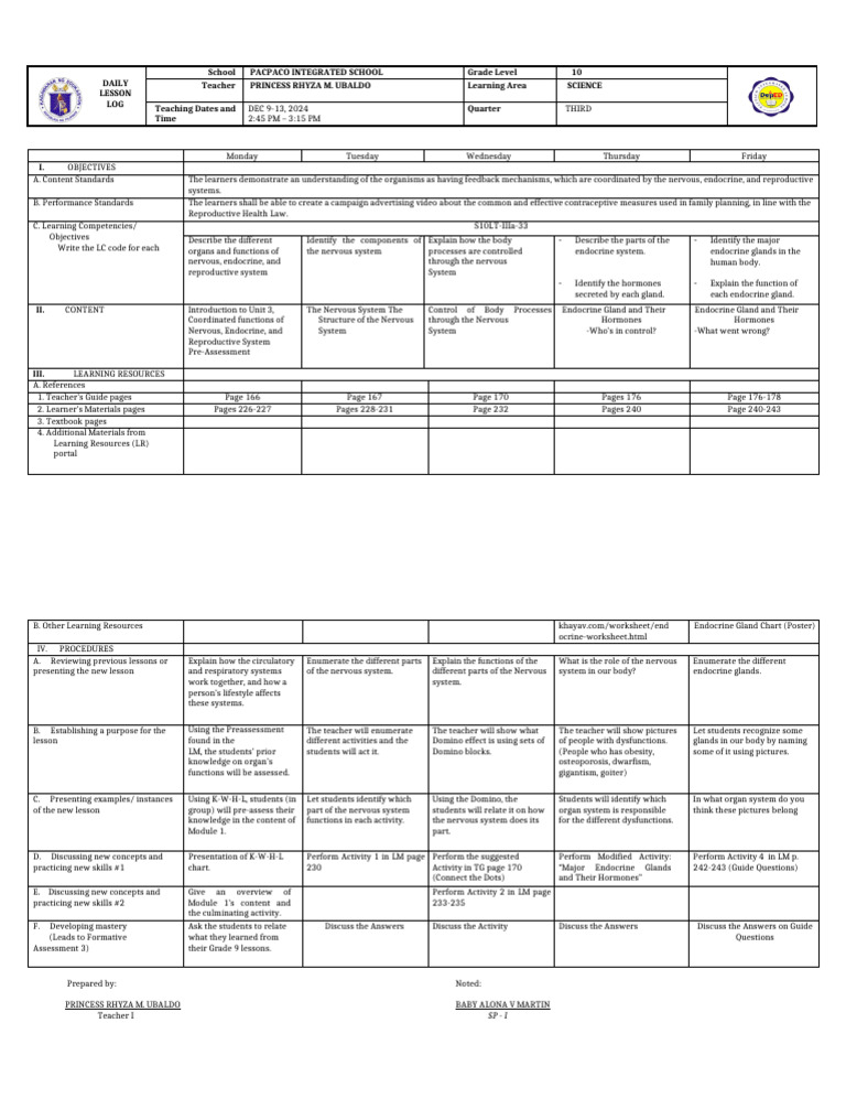DLL SCIENCE 10 3rd QUARTER MOD1 PART 1 | PDF | Endocrine System | Hormone