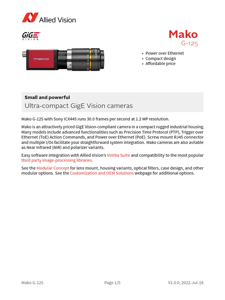 Mako G-125 GigE Vision Camera Overview | PDF | Camera | Pixel