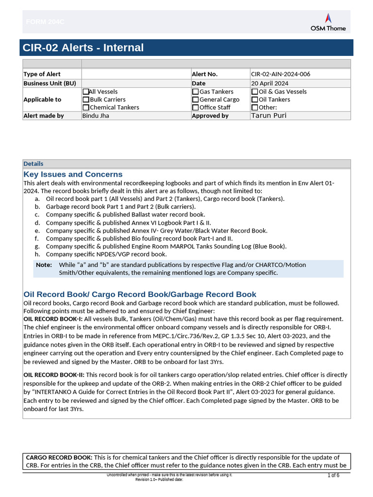 CIR-02-AIN-2024-006 - Environmental Log Books and Recordkeeping | PDF ...