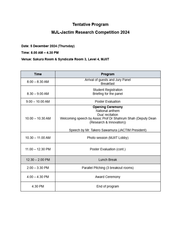 Tentative MJL-Jactim Research Competition 2024 Schedule | PDF