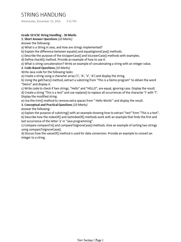 Grade 10 ICSE Java String Handling Guide | PDF