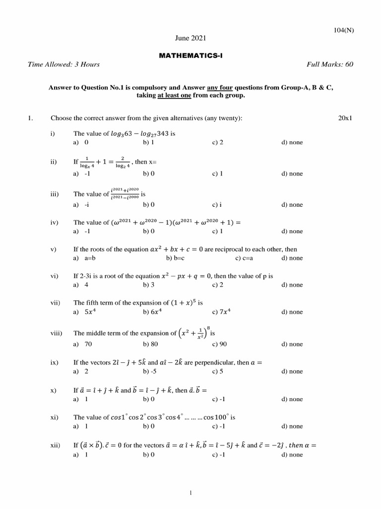 Diploma 1 Sem Mathematics 1 104 N Jun 2021 | PDF