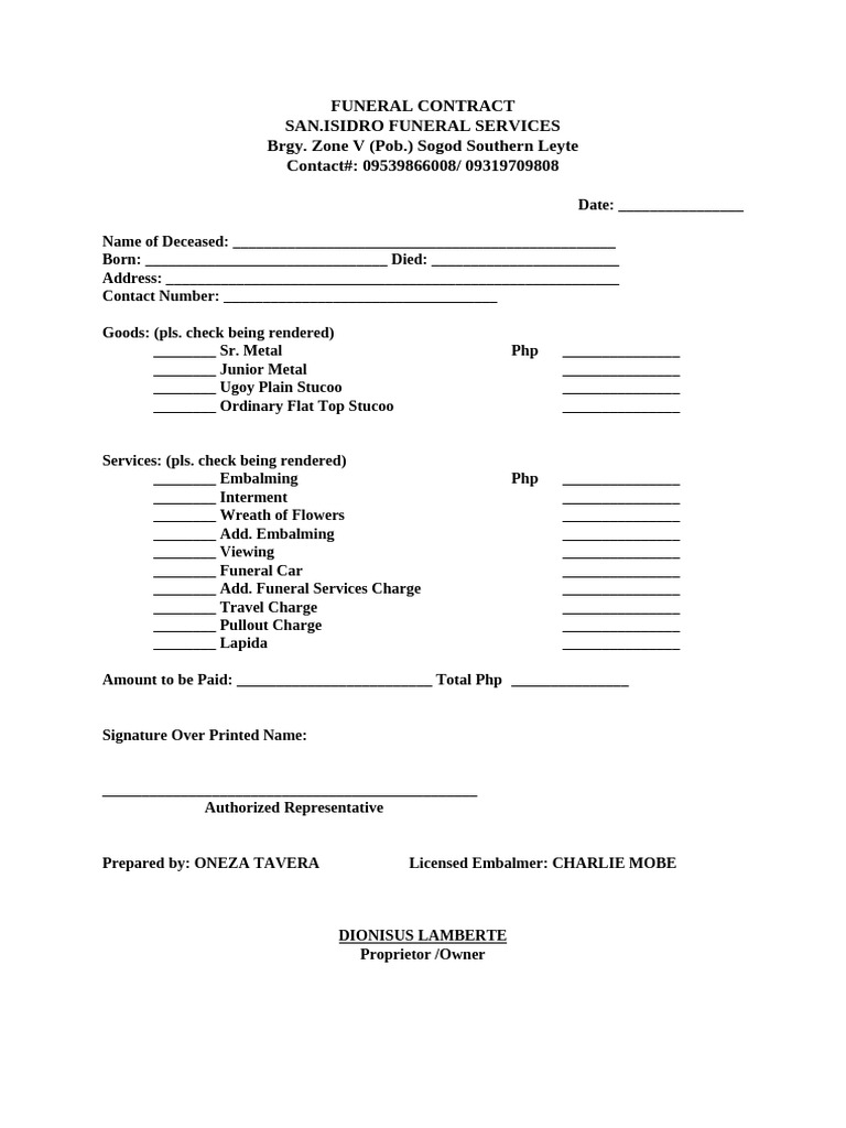 FUNERAL CONTRACT | PDF | Service Industries | Traditions