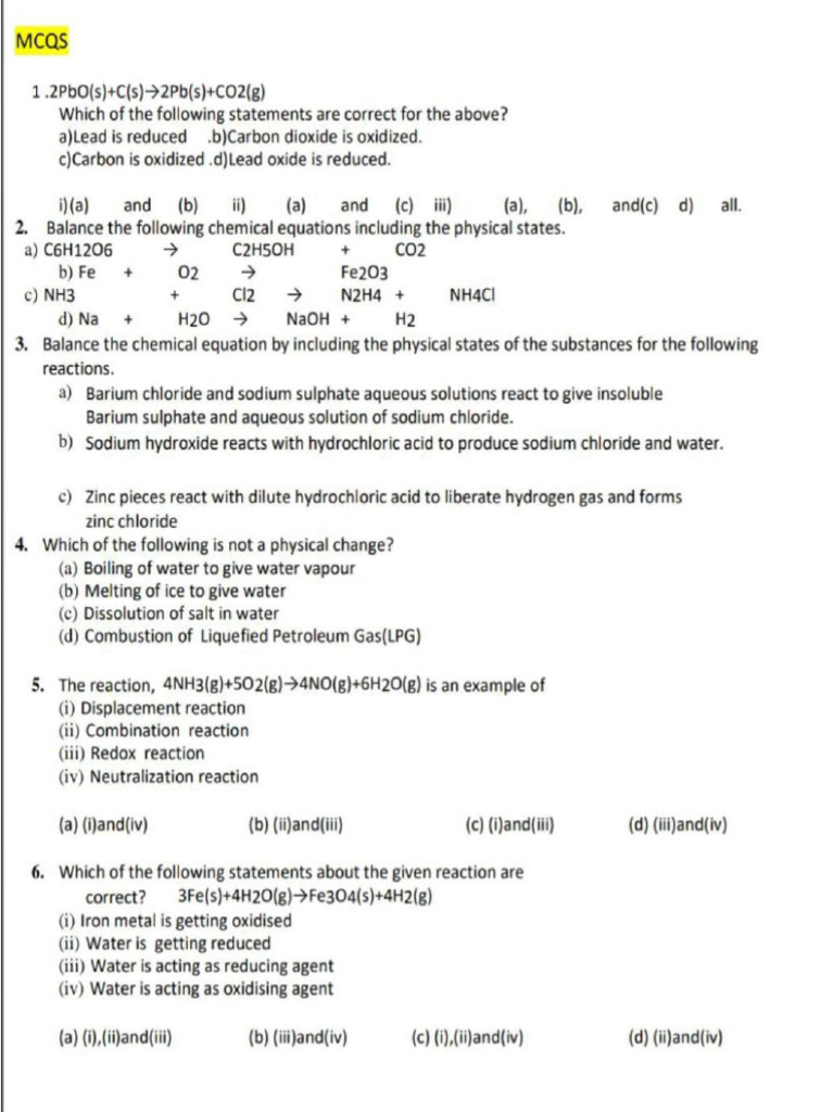 MCQ Class X Chemistry | PDF