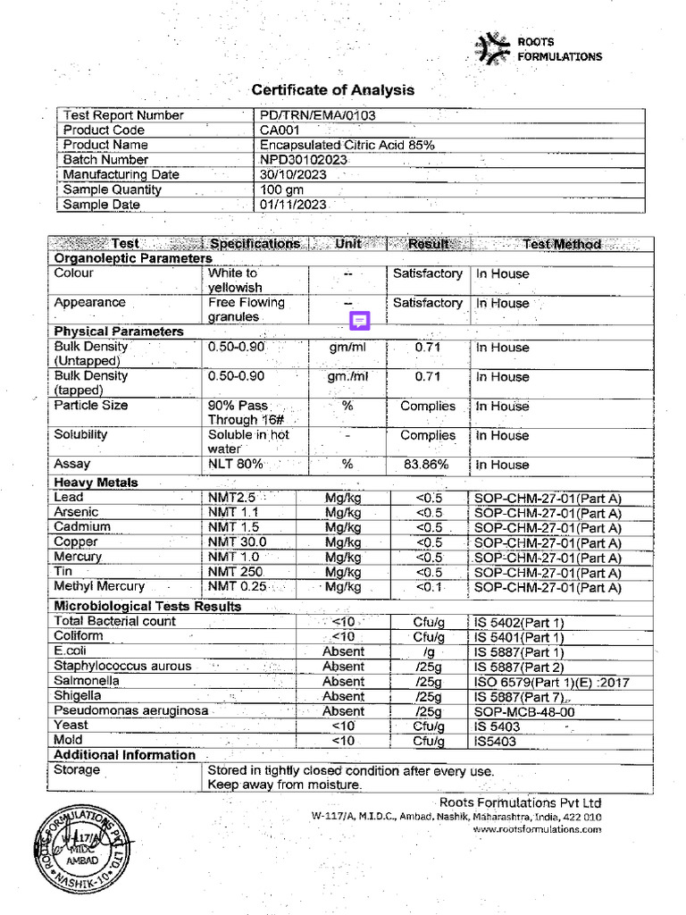 COA Encapsulated Citric Acid 85% | PDF