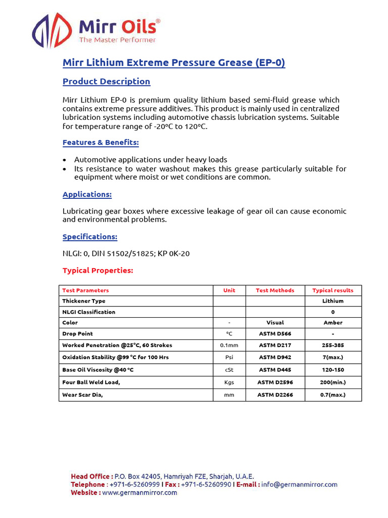 Mirr Lithium EP-0 Extreme Pressure Grease | PDF