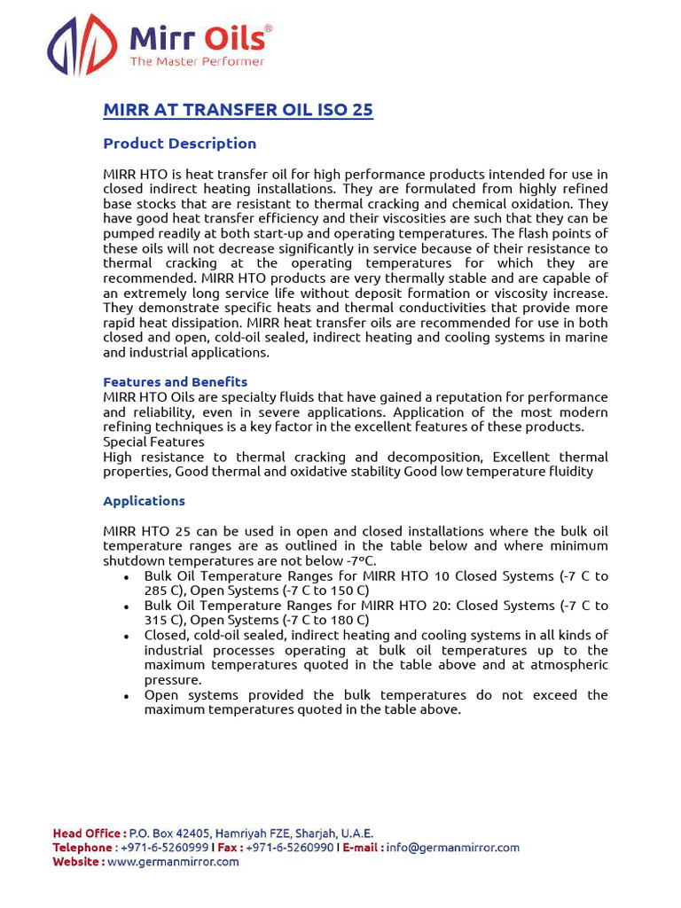 MIRR HTO Heat Transfer Oil ISO 25 | PDF | Viscosity | Heat Transfer