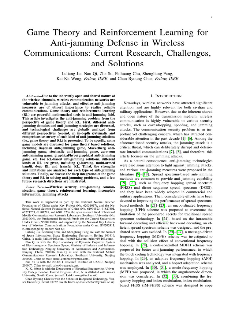 Game Theory and Reinforcement Learning For Anti-Jamming Defense in Wireless Communications ...