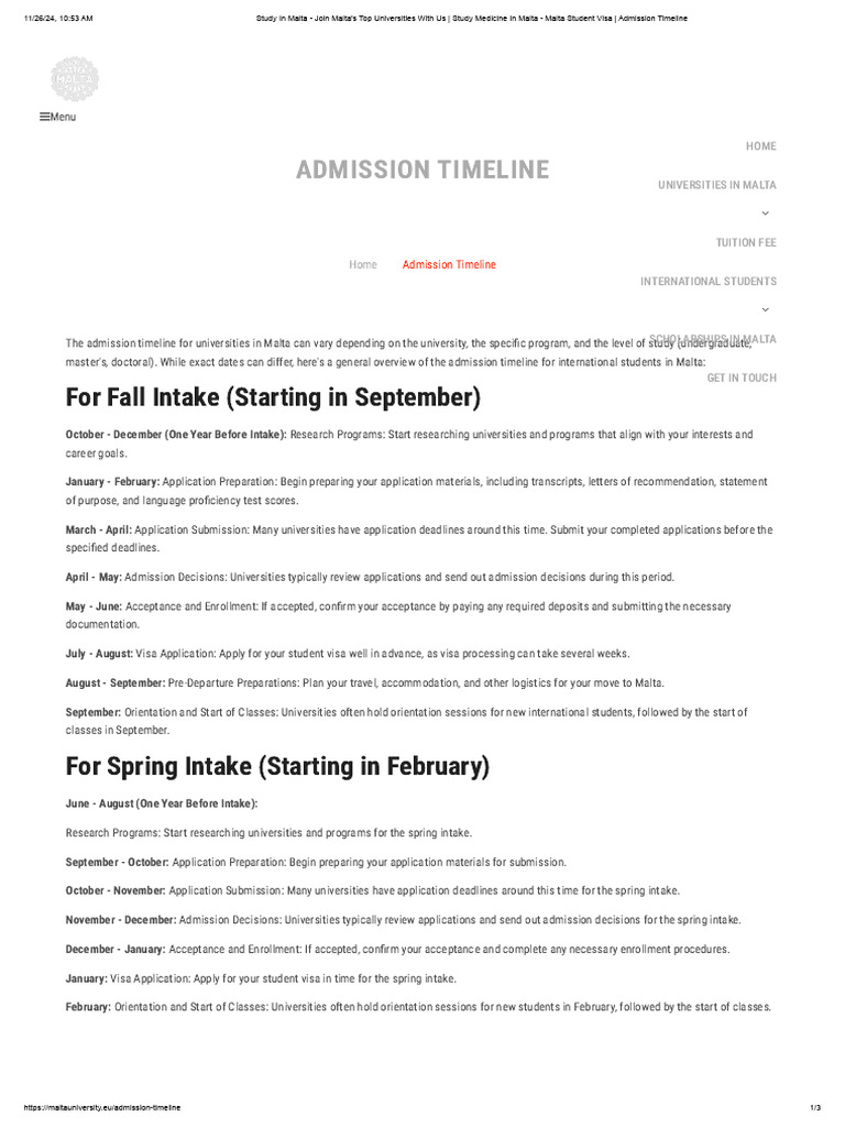 Malta University Admissions Timeline | PDF | University And College ...