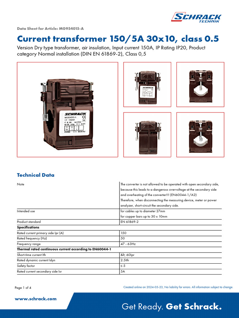 Current Transformer 150/5A Data Sheet | PDF | Electrical Engineering ...