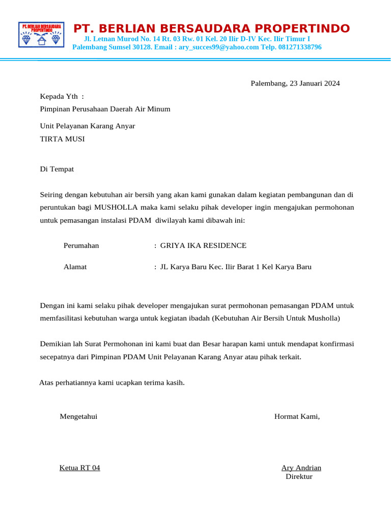Surat Permohonan Pdam Cikarang | PDF