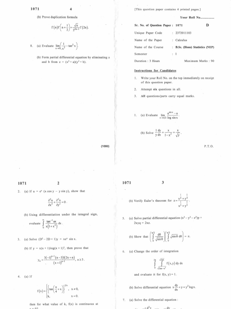 Calculus Exam Paper for B.Sc. Students | PDF | Subtraction ...