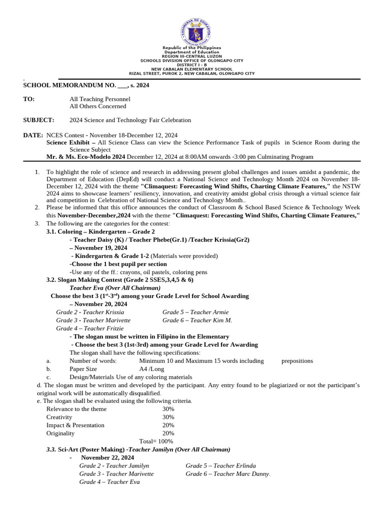 2024 Science and Technology Fair Memo | PDF | Teachers | Essays