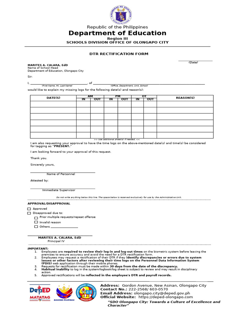 Teacher DTR Rectification Form | PDF | Philippines | Public Administration