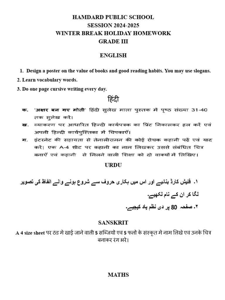 Class 3 Winter Break HHW (2024-25) | PDF