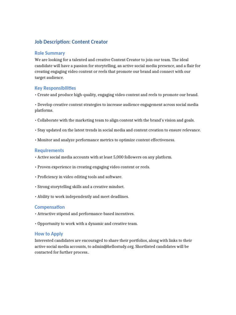 Content Creator Job Description | PDF