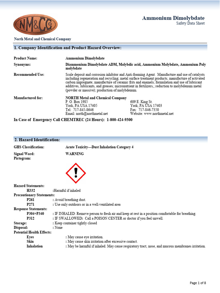 Ammonium Dimolybdate Safety Data Sheet | PDF | Personal Protective ...