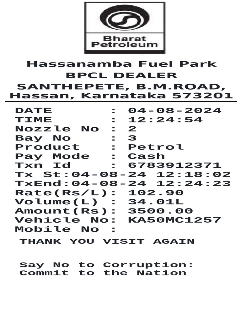 Bharat Petrol Petrol Bill Sanpeeth | PDF