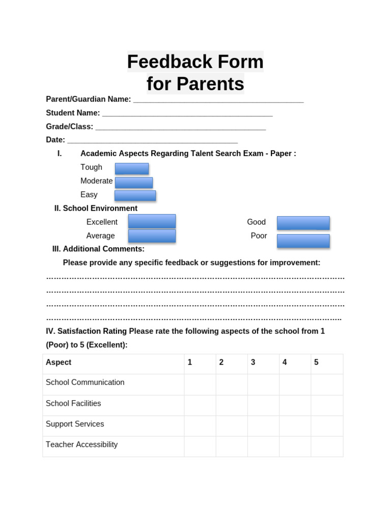 School Feedback Form For Parents Sample PDF | PDF