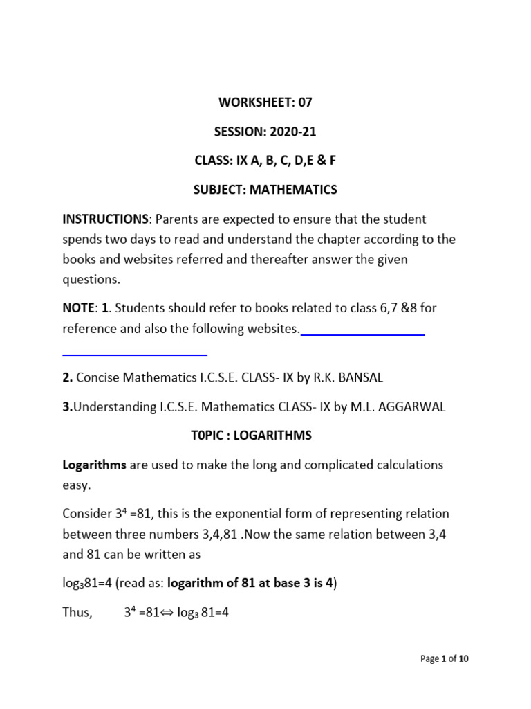 Class 9 Logarithm Worksheet Solutions | PDF | Numbers | Arithmetic