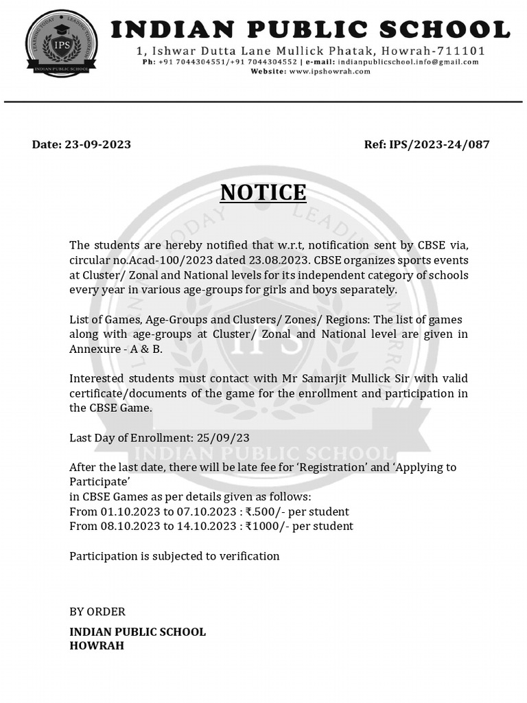 087 - Notice for CBSE Sport Events | PDF