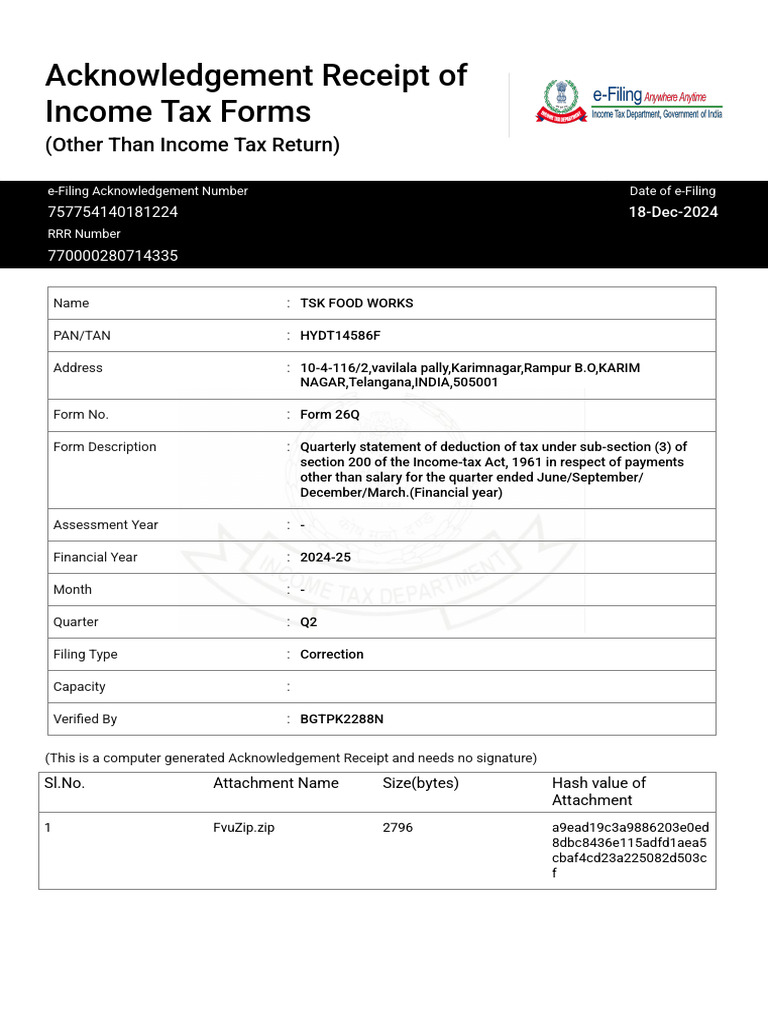 Form 26Q - ARN - 770000280714335 | PDF