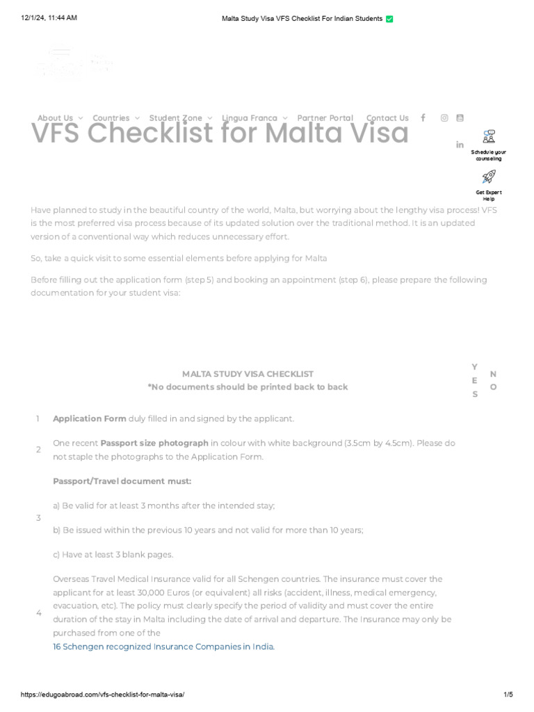 Malta Study Visa VFS Checklist For Indian Students | PDF | Travel Visa ...