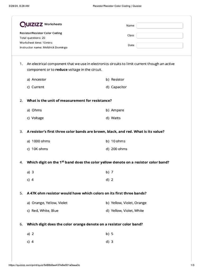 Resistor Color Coding Quiz Worksheet | PDF | Resistor | Electrical Network