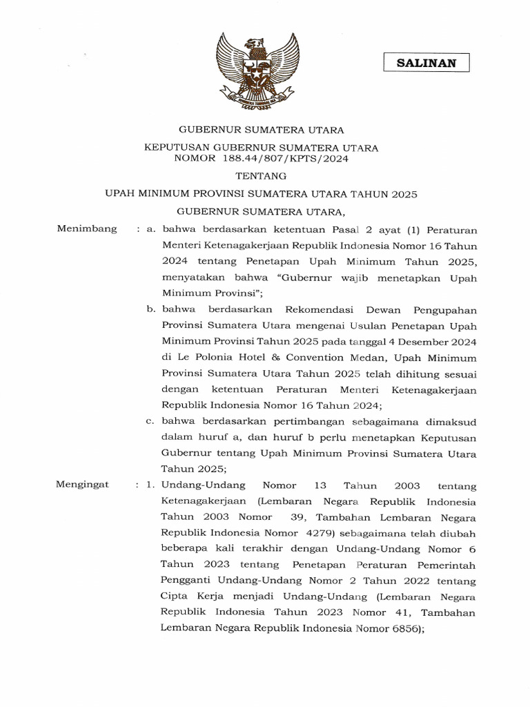 UMP Sumatera Utara 2025 | PDF