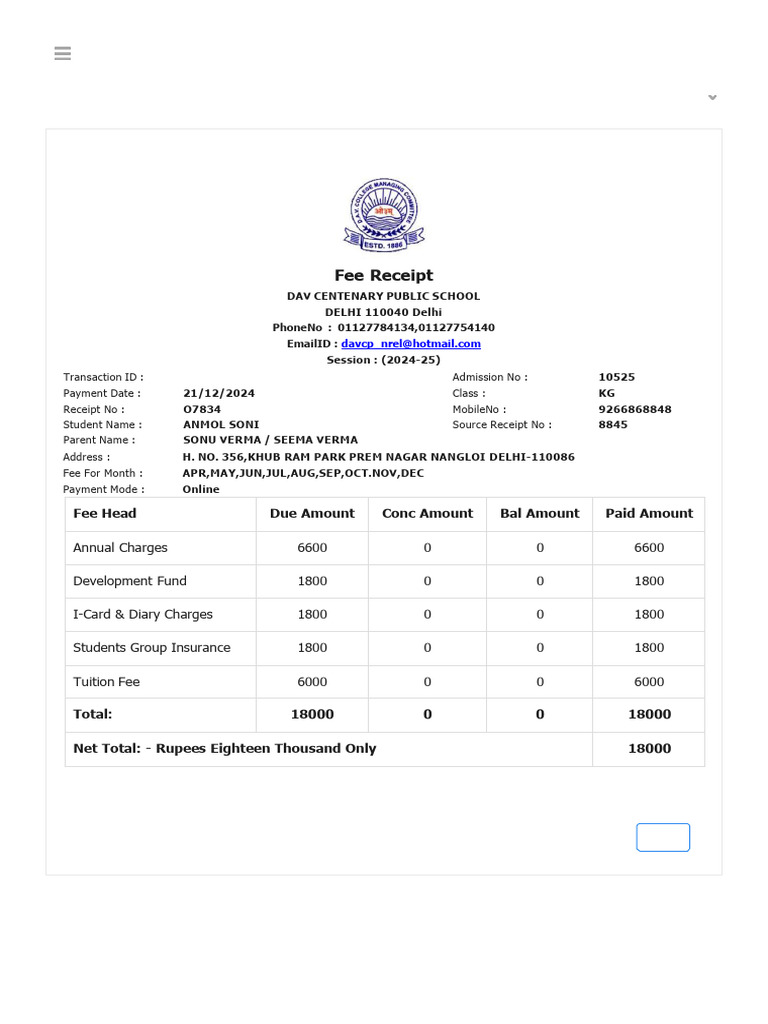 Payment Receipt for DAV School Fees | PDF | Payments | Services (Economics)
