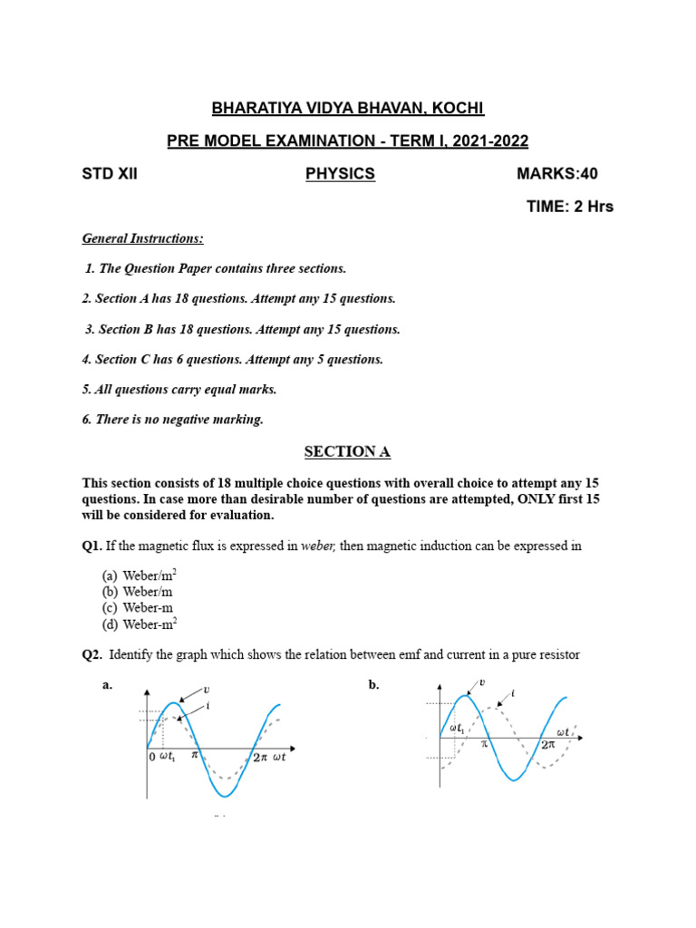 Xii - Phy - Pre Model-Term I-2021-22 | PDF | Inductor | Inductance